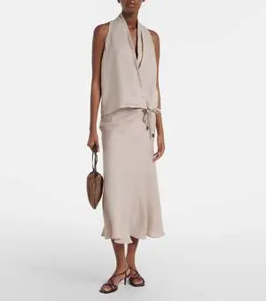 Brunello Cucinelli Monili Halterneck Linen Wrap Top - Beige