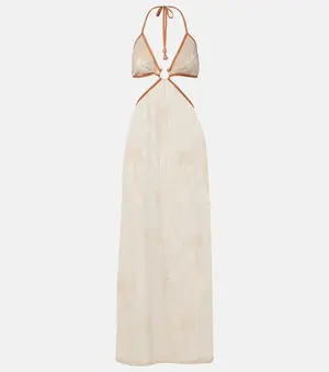 Johanna Ortiz Embroidered Cutout Mesh Midi Dress - Beige