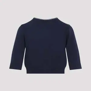 Miu Miu Fine Cotton Knit Cardigan With Intarsia Motif - Blue