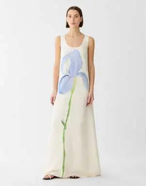 Lafayette 148 New York Iris Print Silk Linen V-neck Sleeveless Maxi Gown - Cloud Multi