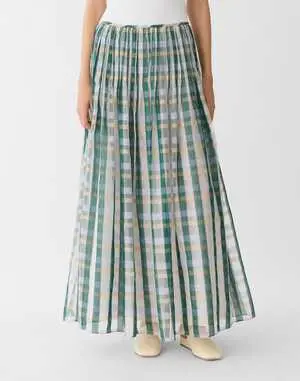 Lafayette 148 New York Hand Pintucked Plaid Cotton Silk Maxi Skirt - Grass Multi