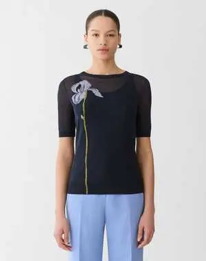Lafayette 148 New York Iris Intarsia Short Sleeve Sweater