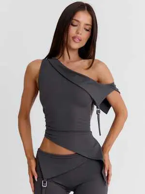 OUTCAST Asymmetrical Crop Top With Hardware Detail - Gray