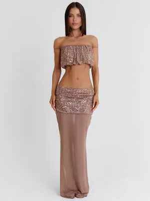 OUTCAST Patience Sequin Off-shoulder Crop Top - Brown