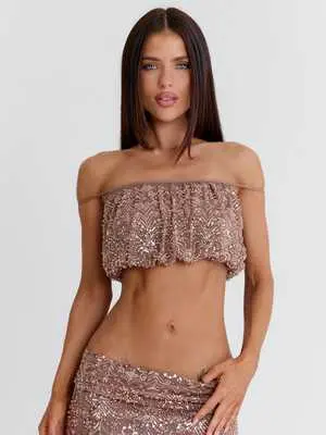 OUTCAST Patience Sequin Off-shoulder Crop Top