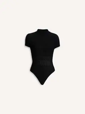 Balmain Ribbed Knit High Neck Short Sleeve Bodysuit