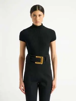 Balmain Ribbed Knit High Neck Short Sleeve Bodysuit