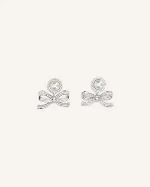 SELF-PORTRAIT Crystal And Faux Pearl Bow Drop Earrings - Silver