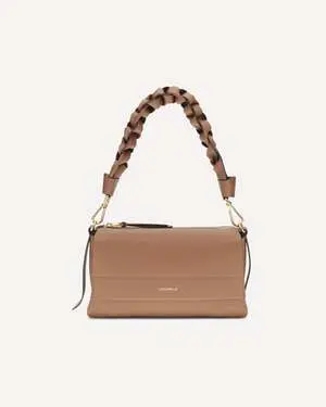 COCCINELLE Boheme Leather Shoulder Bag With Woven Handle - Beige
