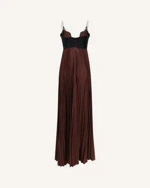 SELF-PORTRAIT Satin Maxi Dress With Lace Inserts And Pleated Skirt