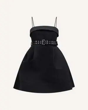GANNI Short Satin Dress With Full Skirt And Belt - Black
