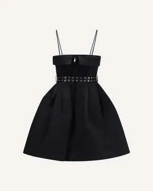 GANNI Short Satin Dress With Full Skirt And Belt - Black