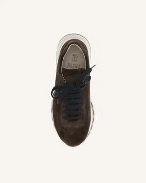 Brunello Cucinelli Runner Sneakers In Suede With Monile Detail - Brown