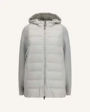 Brunello Cucinelli Long Monili Chain Puffer Jacket With Knit Sleeves - Grey
