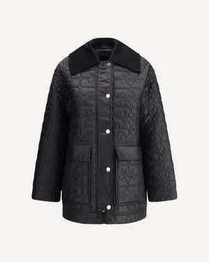 GANNI Quilted Down Jacket With Corduroy Collar - Grey