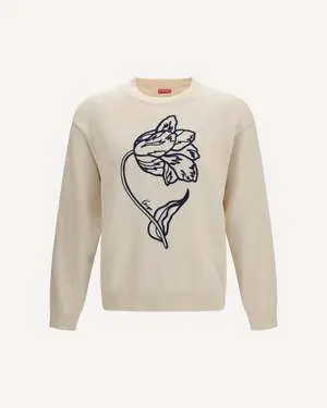 Kenzo Tulip Embroidered Wool And Cotton Sweater - Beige