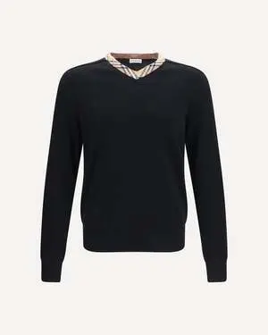 Burberry Check Trim V-neck Wool Sweater - Black