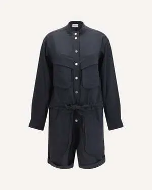 MARANT ETOILE Short Cotton Blend Jumpsuit With Mandarin Collar And Belt - Black