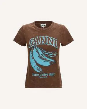 GANNI Banana Graphic Cotton T-shirt - Brown