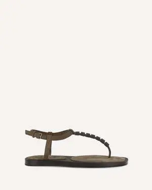 Brunello Cucinelli Embellished Calfskin T-strap Sandals - Brown