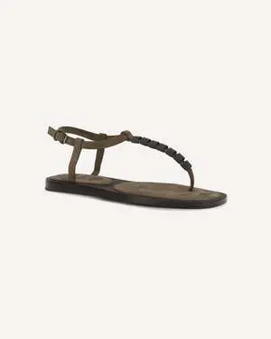 Brunello Cucinelli Embellished Calfskin T-strap Sandals - Brown