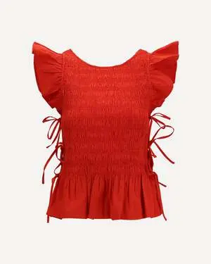 GANNI Ruched Cotton Top With Side Bows - Red