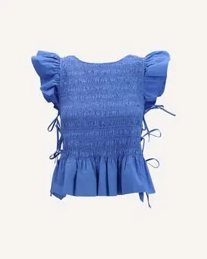 GANNI Ruched Cotton Top With Side Bows - Light Blue