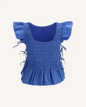GANNI Ruched Cotton Top With Side Bows - Light Blue