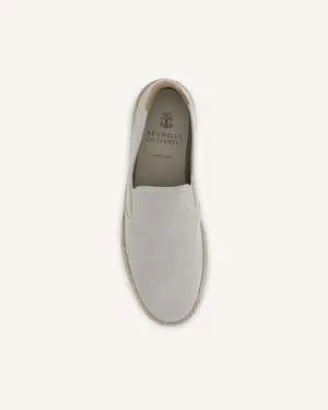 Brunello Cucinelli Suede Slip-on Sneakers With Raffia Sole - Grey