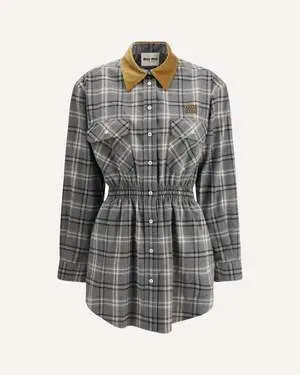 Miu Miu Plaid Flannel Mini Dress With Velvet Collar - Grey