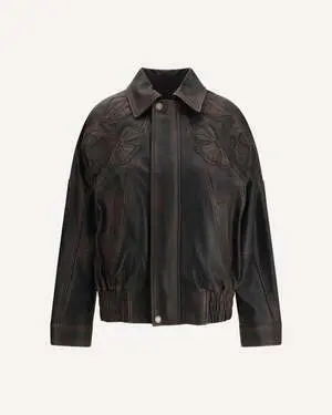 GOLDEN GOOSE Nappa Leather Bomber Jacket With Floral Embroidery - Brown