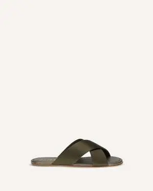 PEDRO GARCIA Pedro Garcia Pavana Olive Silk-Satin Flat Slide Sandals Brown