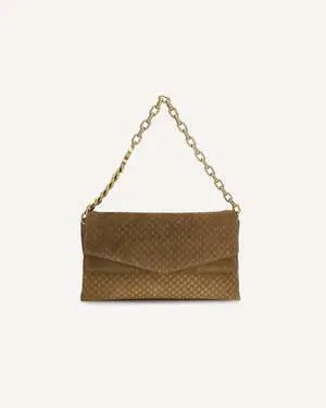 Gucci Large Suede Shoulder Bag With Embossed Gg Design And Metal Chain Strap - Brown