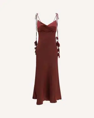 SELF-PORTRAIT Satin Flower Embellished Spaghetti Strap Midi Dress - Bordeaux