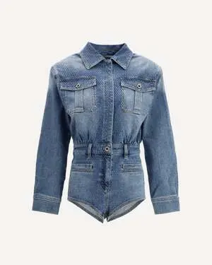 SELF-PORTRAIT Embellished Denim Bodysuit
