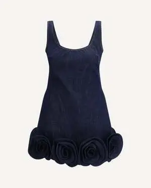 SELF-PORTRAIT Denim Mini Dress With 3d Floral Embellishment - Blue