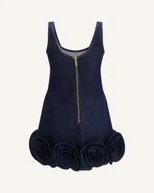 SELF-PORTRAIT Denim Mini Dress With 3d Floral Embellishment - Blue