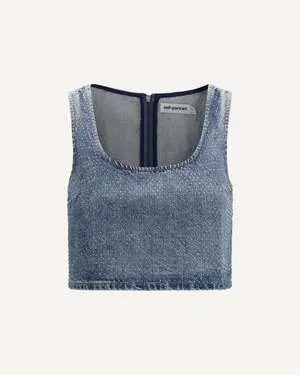 SELF-PORTRAIT Rhinestone Embellished Denim Crop Top - Blue