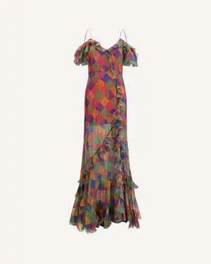Etro Long Silk Chiffon Dress With Paisley Print And Ruffled Accents - Multicolour
