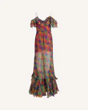 Etro Long Silk Chiffon Dress With Paisley Print And Ruffled Accents - Multicolour