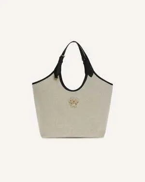 Versace La Medusa Tote Bag In Calf Leather And Fabric - Beige