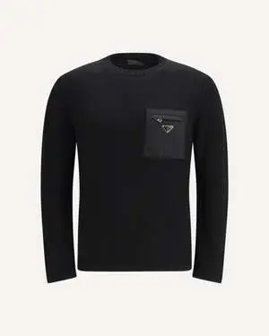 Prada Virgin Wool Crew Neck Sweater With Chest Pocket - Black