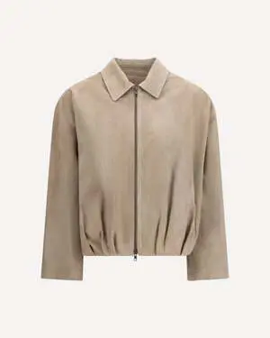 SALVATORE SANTORO Suede Zip-up Jacket With Classic Collar And Pleated Hem - Beige