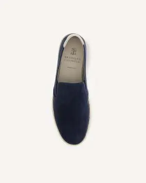 Brunello Cucinelli Suede Slip-on Sneakers With Raffia Sole - Blue