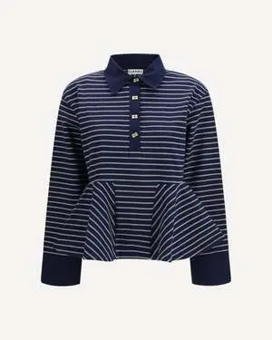 GANNI Striped Peplum Polo Shirt
