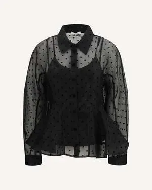 GANNI Polka Dot Sheer Organza Peplum Shirt