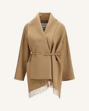 Max Mara Camel Pure Camel Wool Wrap Coat With Fringed Hem