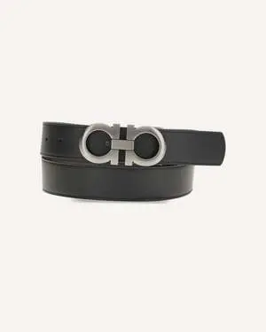 FERRAGAMO Double Gancini Buckle Leather Belt - Black
