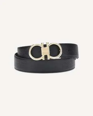 FERRAGAMO Leather Reversible Belt With Double Gancini Buckle