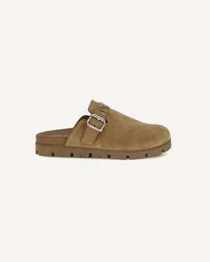Prada Suede Mules With Metal Triangle Logo - Beige